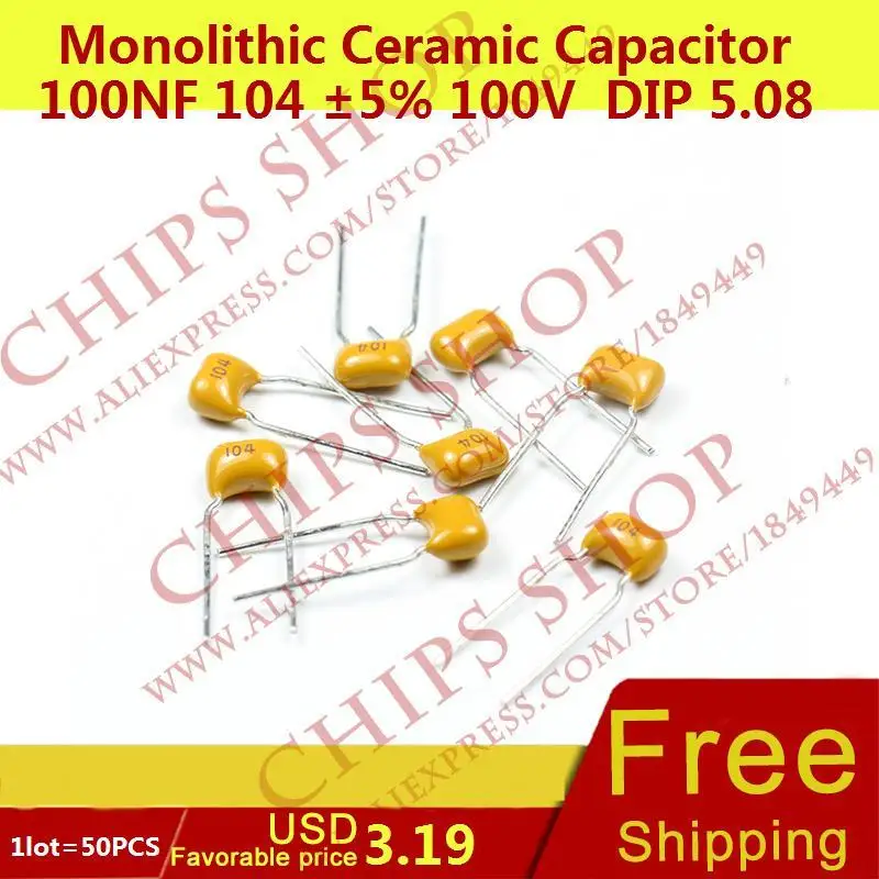 1LOT=50PCS Monolithic Ceramic Capacitor 100nF 104 5% 100V DIP 5.08MM ...