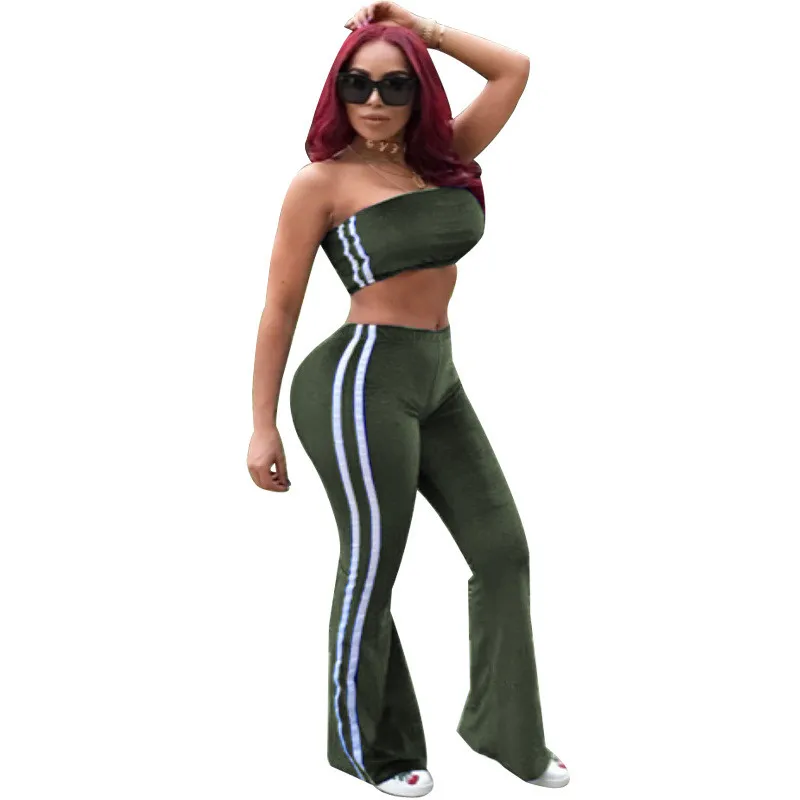 Women Velvet 2 Piece Set Side Stripes Sexy Chest Wrapped Cropped Tops