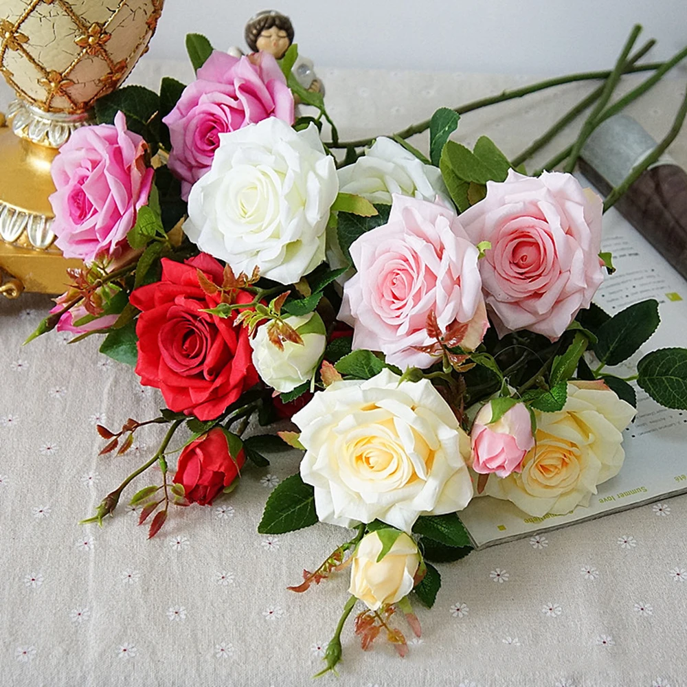 Artificial Roses Fake Silk 3 Head Flowers Banquet Fake Roses Wedding ...