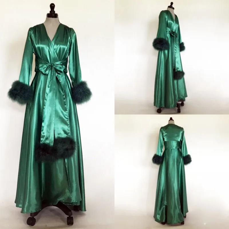 2019 Silk Night Robe Long Sleeve Custom Made Fur Party Sleepwear Cheap Nightgowns Robes In