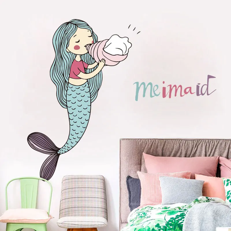 Cartoon Mermaid Blowing Conch Wall Stickers Baby Room Decoration ...