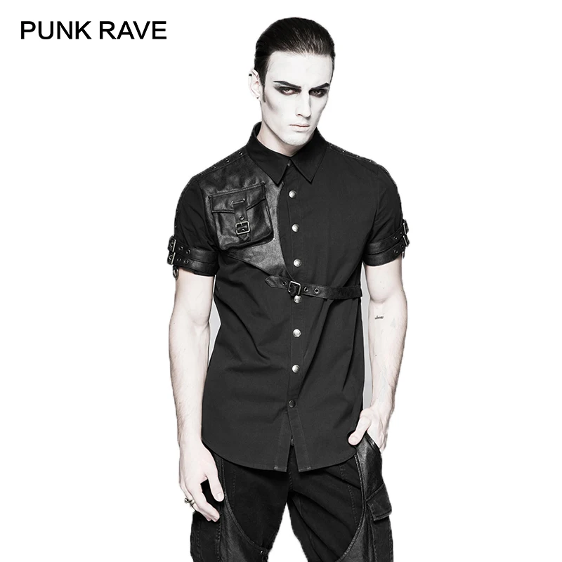 PUNK RAVE Summer Punk Men Casual Slim Fit Short Sleeve Shirt With ...