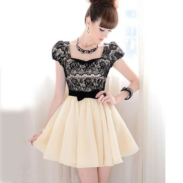 2015 Patchwork Vestido De Renda Puff Sleeve Lace Dress Empire Kawaii ...