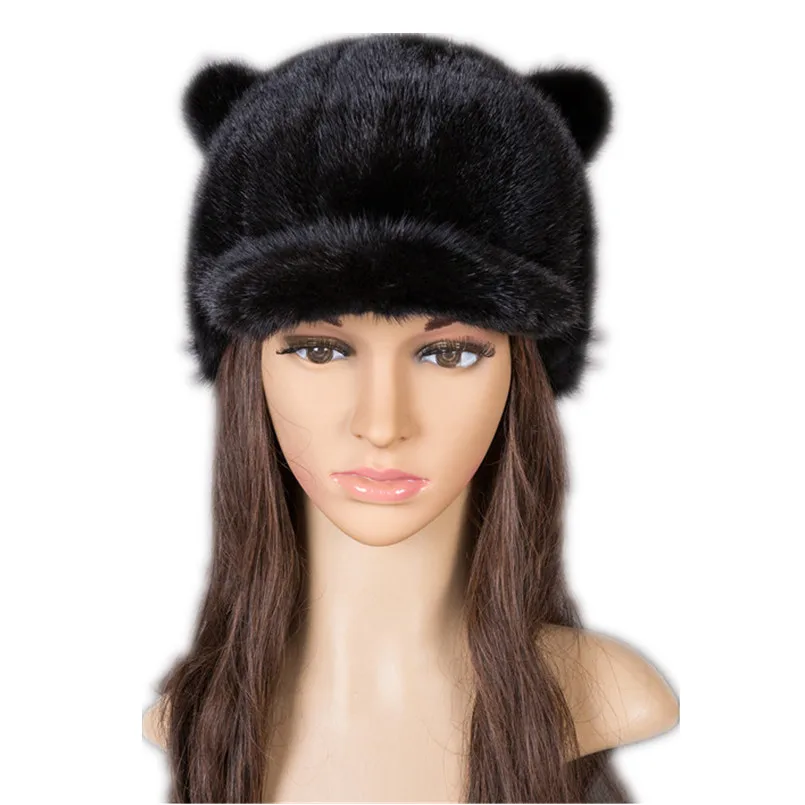Real mink fur baseball caps with ears rabbit style warm full pelt black ...