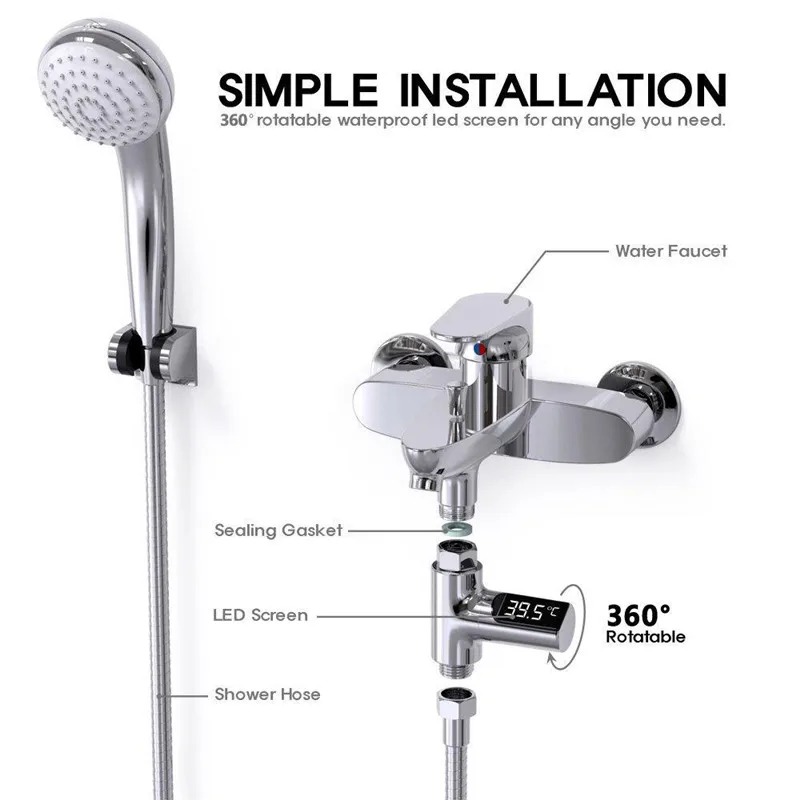 LED Display Water Shower Thermometer Self-Generating Electricity Water ...