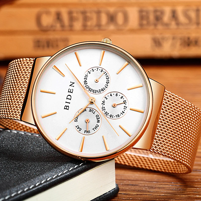 BIDEN Simple Style Fashion Men Quartz Watch Luxury Functions Steel Band ...