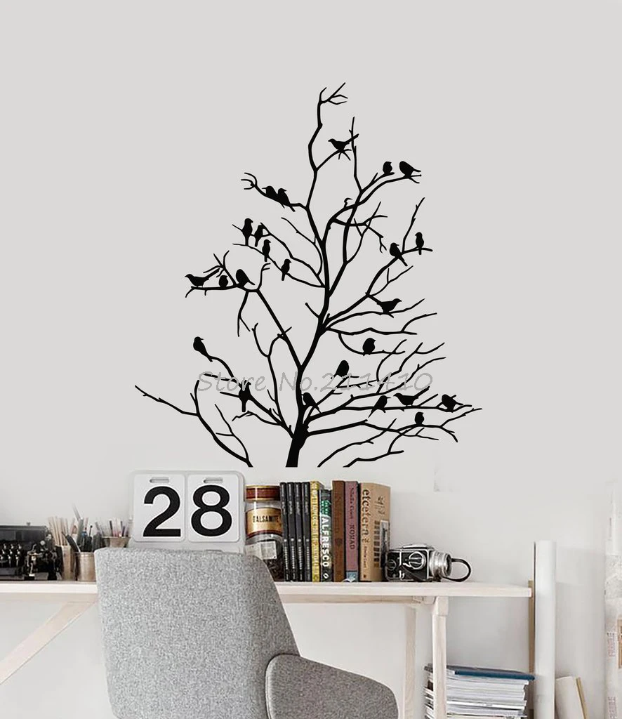 Vinyl Simple Wall Decal Artistic Bare Tree Birds Branches Living Room ...