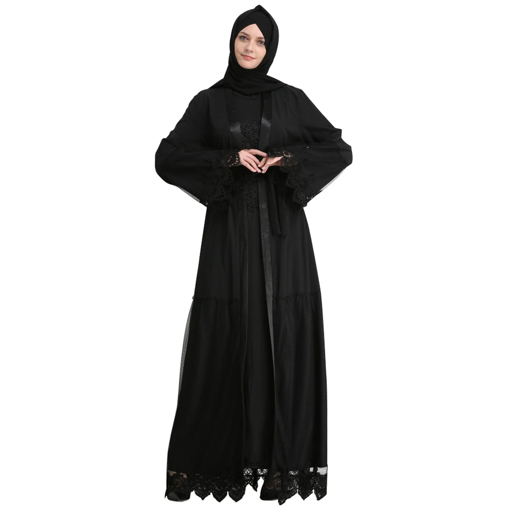 Islamic Women Kaftan Lace Mesh Patchwork Black Cardigan Muslim Abaya ...
