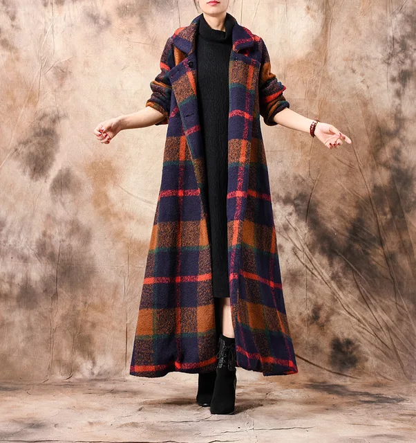 Women Retro Plaid Woollen Long Coat Outwear Ladies Woolandblends Retro