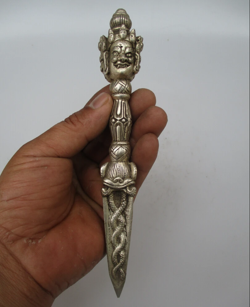 Collectible-Decorated-Old-Handwork-Tibet-Silver-Carved-Buddha-Knife ...