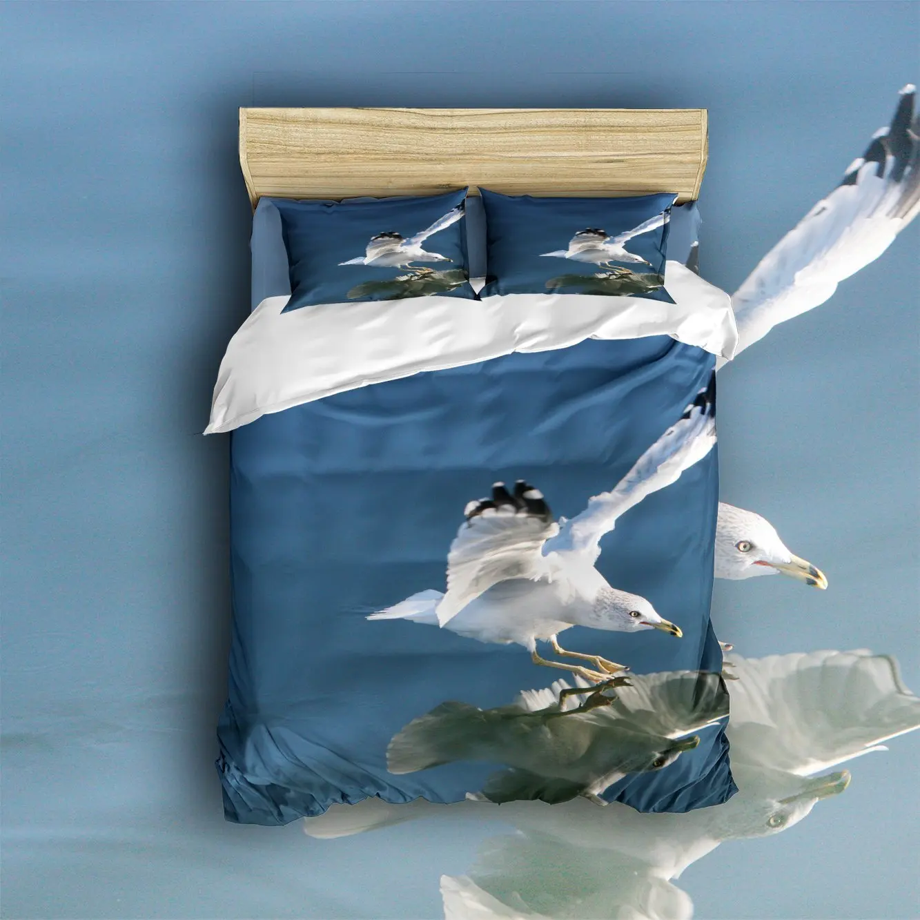 4 Piece Bed Sheets Set 3D Print Flying Seagull on Sky Blue Water 1 Flat ...