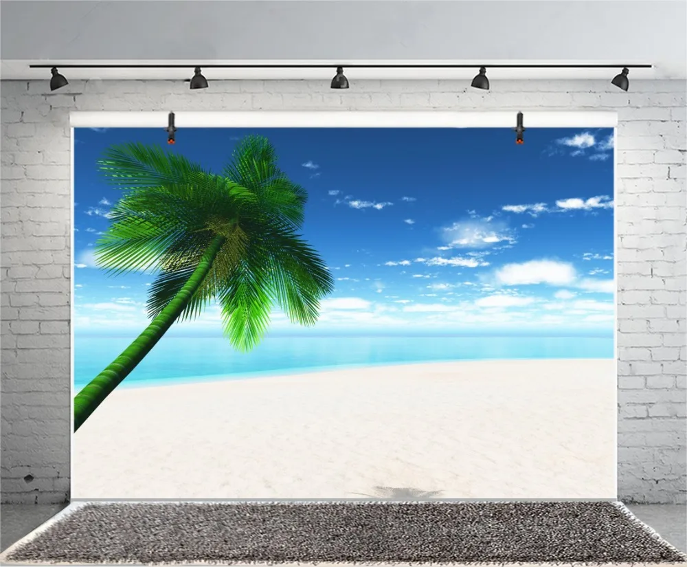 Laeacco Photographic Backgrounds Tropical Sea Beach Palm Tree Blue Sky ...