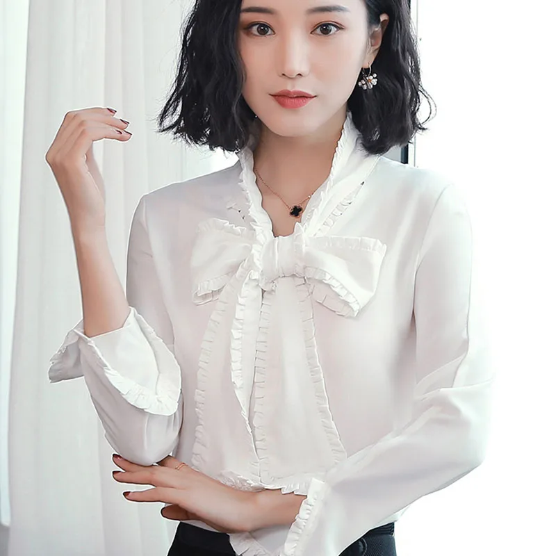 17zq Women Shirt 2019 Spring New Korean Bow Chiffon Shirt White Stringy ...
