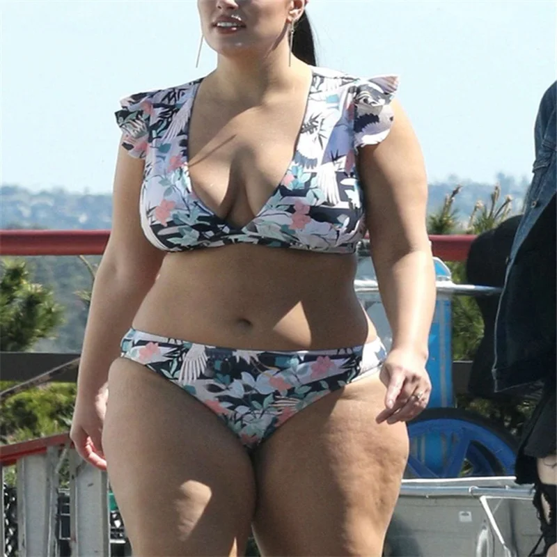 Women Big Size Print Bikini Sets Flying Sleeves Plus Large Beach
