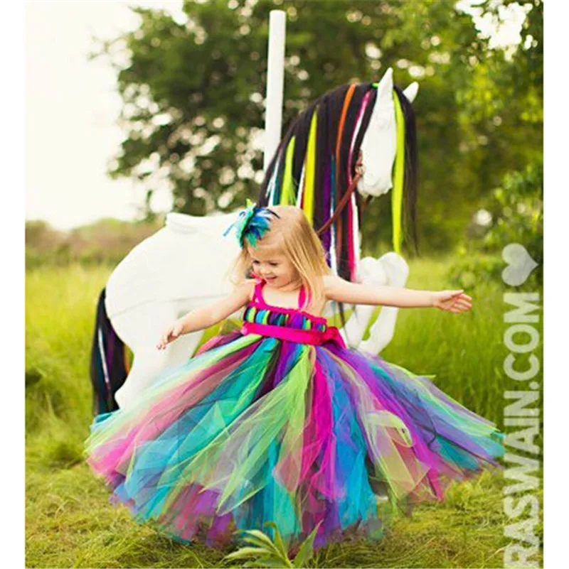 Newest Rainbow Flower Girl Tutu Dress Tulle Girls Costumes Easter Rainbow Dress For Rainbow