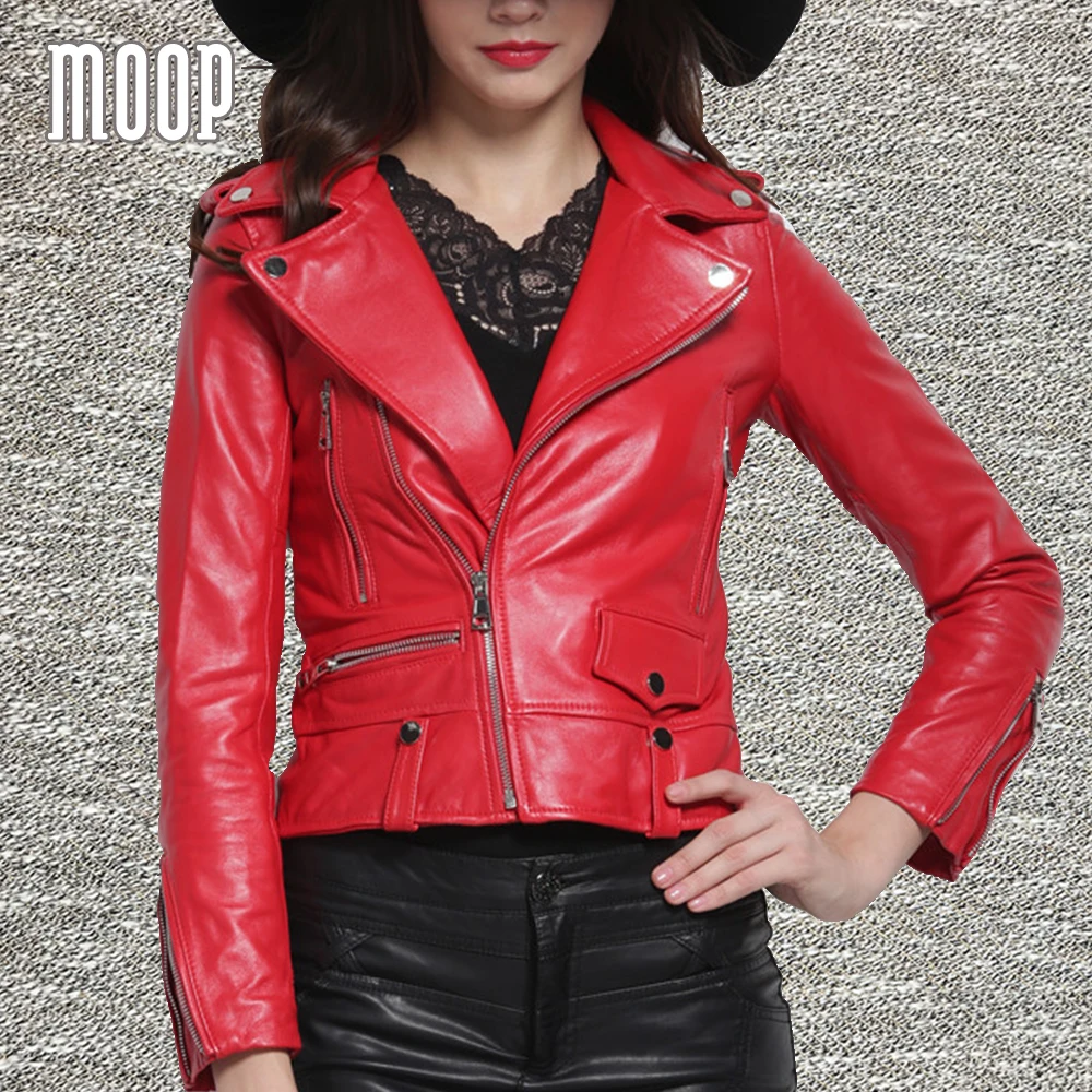 Red genuine leather jackets sheepskin lamb leather motorcycle biker ...
