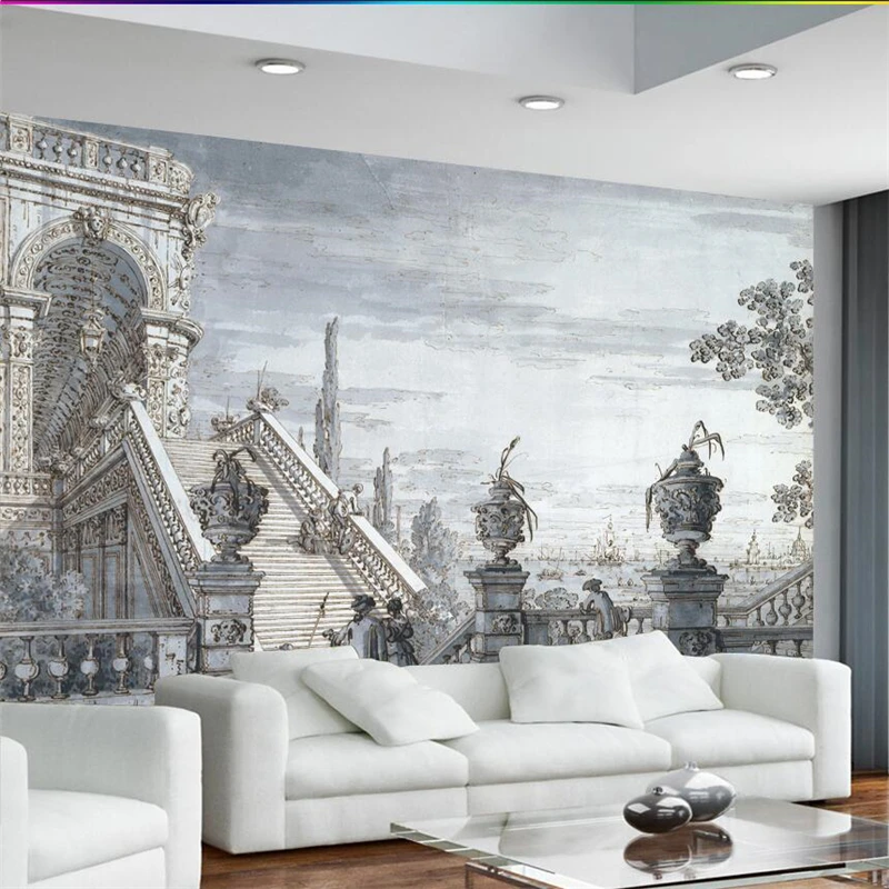 beibehang European retro hand painted medieval sketch church classical ...