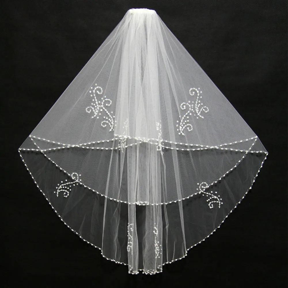Velos de novia de dos capas, perlas con cuentas y borde de cuentas, velos de boda de marfil ...