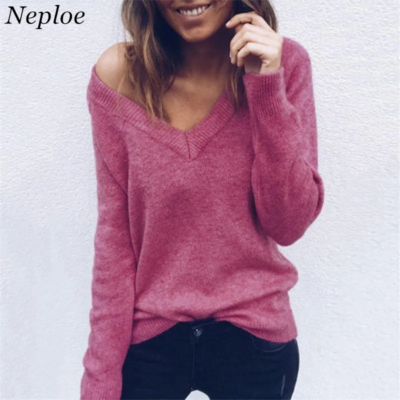 Neploe Women Sweaters 2019 Autumn Deep V Neck Pullover Sweater Fashion