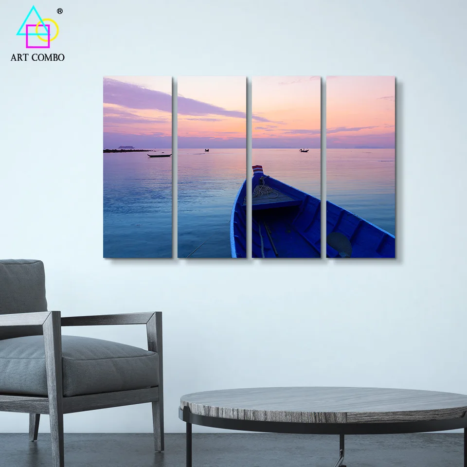 4 Panels Modern Canvas Painting Beautiful Landscape Parked Boats Home ...