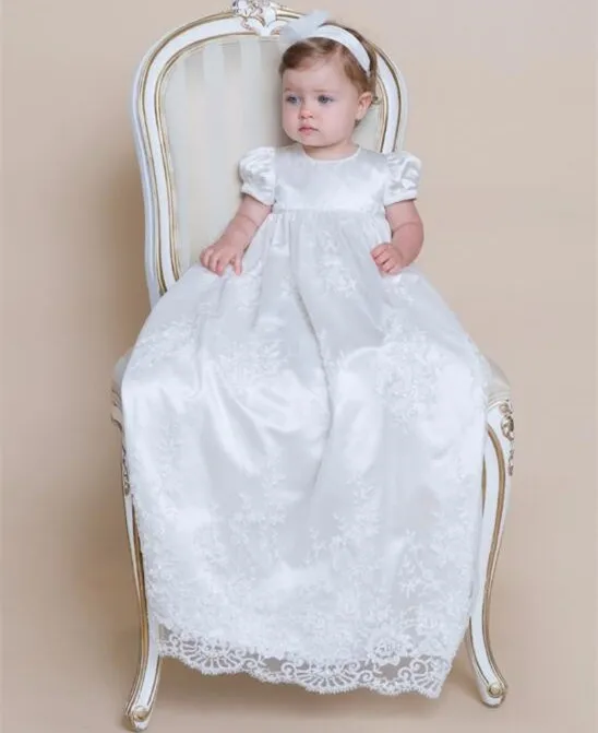 New Infant Baby Girls Christening Gown Lace Applique Beaded Sequins Baptism Gown Any Size with ...