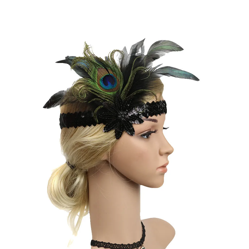 2019 New Fashion Flapper Feather Headband 20s Accessories Crystal Beaded Wedding Headpiece Girl