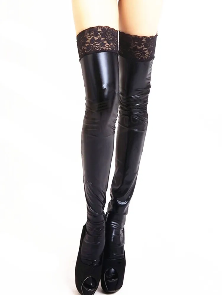 Lace Decorated Sexy Wet Look Thigh Highs Pvc Fetish Metallic Over The