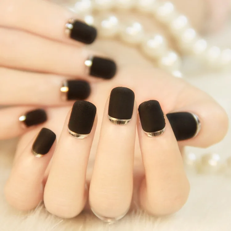 Black matte texture metal nail high end French patch fake nails nail ...