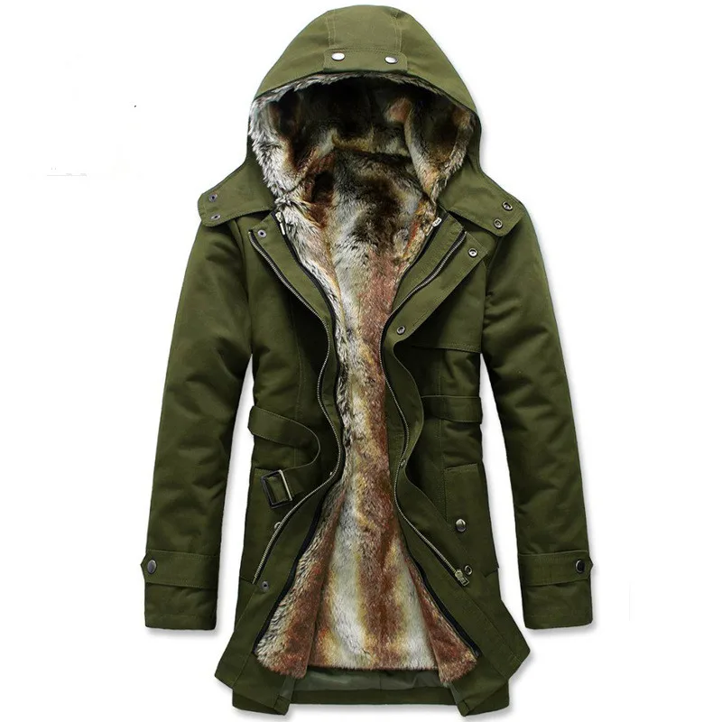 Winter Long Jacket Men Outwear Hooded Fleece Thick Warm Cotton Down
