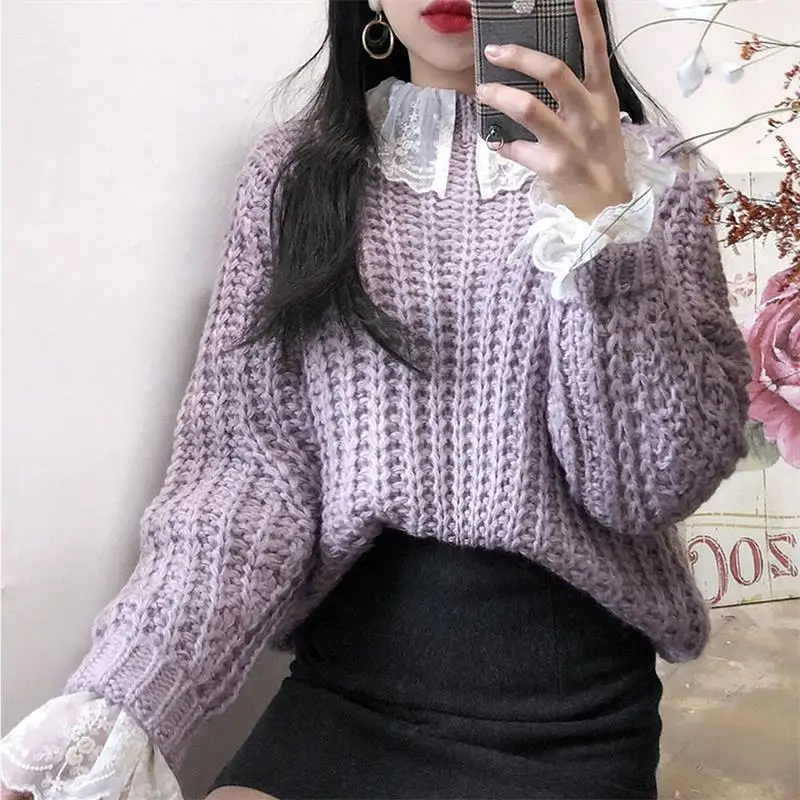 Women's Clothing Cute Kawaii Vintage Solid Color Sweater Casual Winter ...