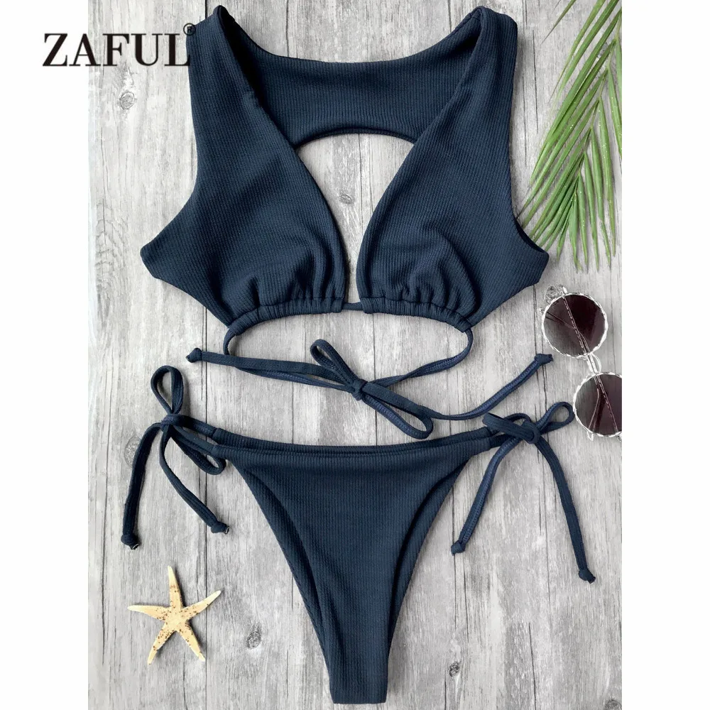 Zaful New Bikini Textured Plunge Bikini Top And Bottoms Women Swimwear