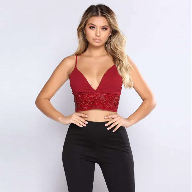 Sexy Spaghetti Strap Bare Midriff Crop Tops Deep V Neck Women Summer Camis Patchwork Drilling