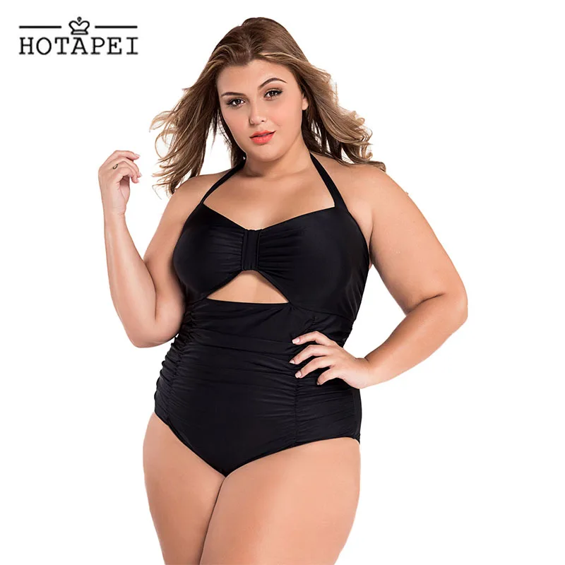 Hotapei Plus Size One Piece Swimwear Black Halter Ruched Swimsuit