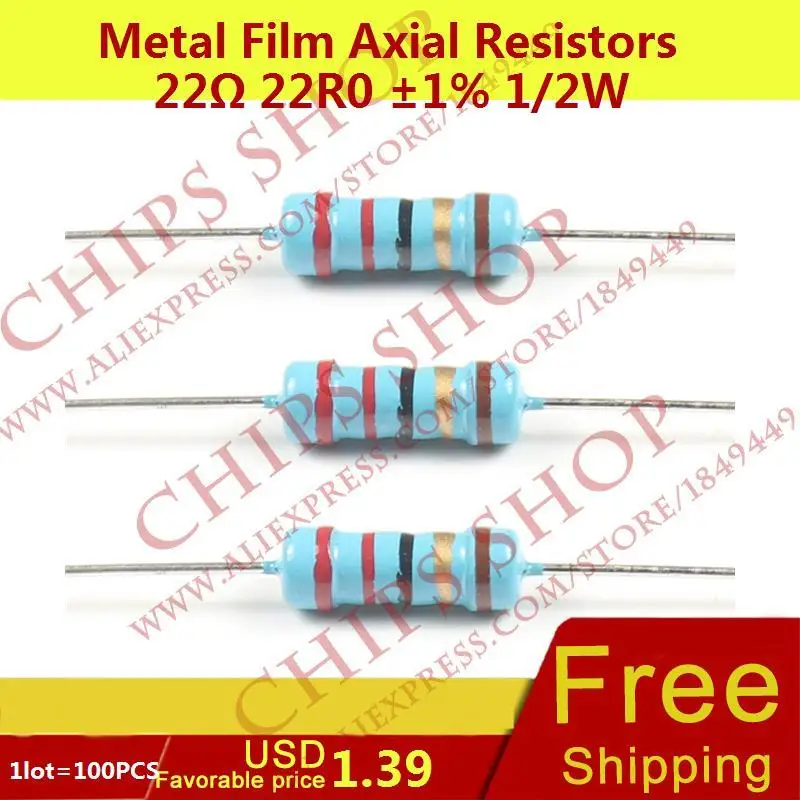 1LOT=100PCS Metal Film Axial Resistors 22ohm 22R0 1% 1/2W 0.5W Wattage1 ...