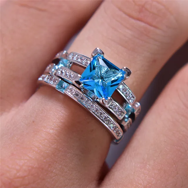 Luxury Female Light Blue Wedding Ring Set Love Zircon Ring Fashion 925 ...
