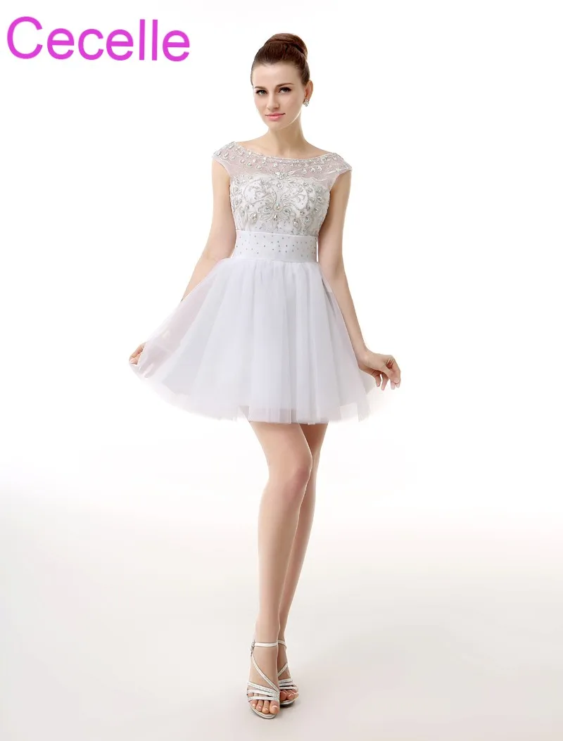 White Short Cocktail Dresses 2019 Sleeveless Beading Open Back A Line
