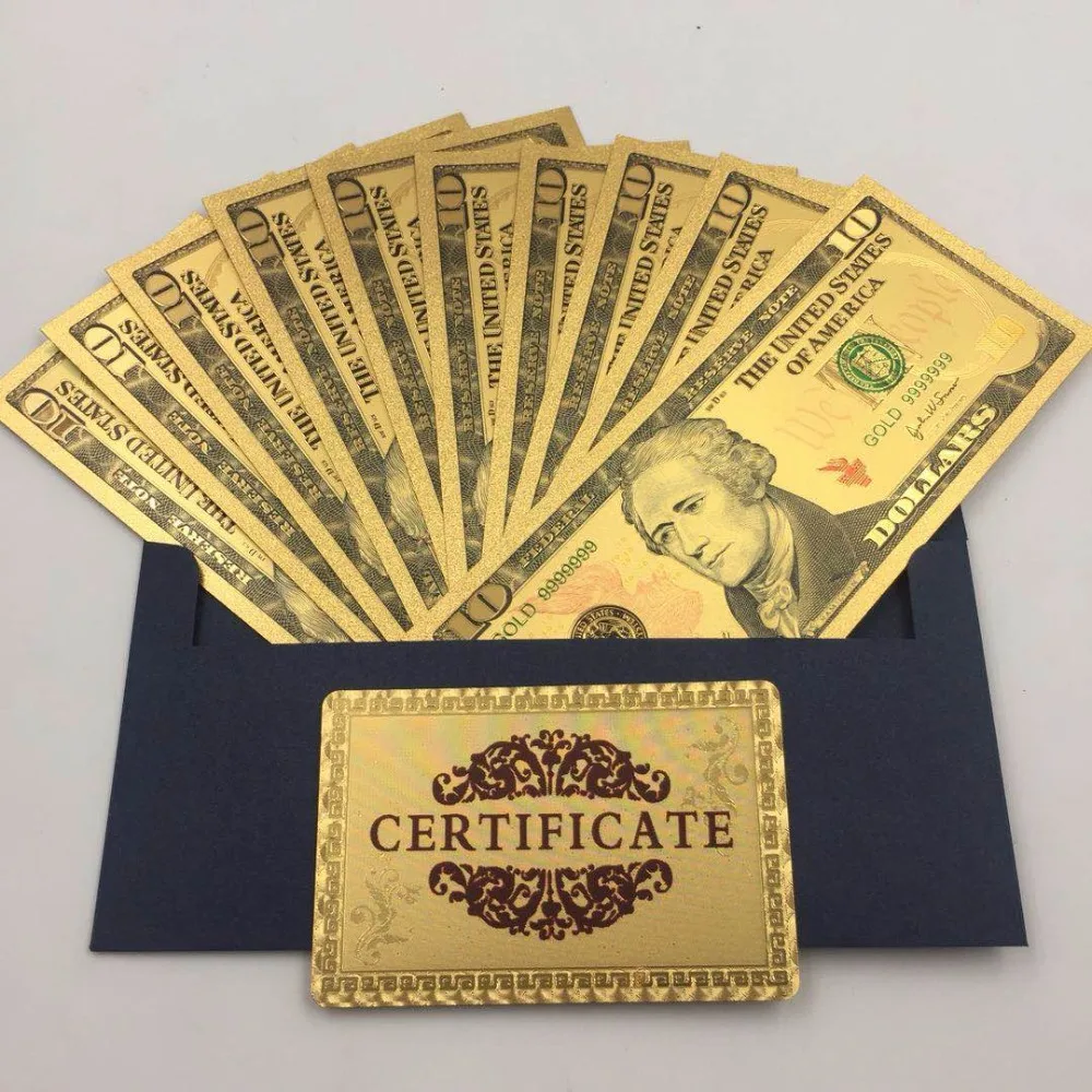 10pcs/lot 24k Gold Banknotes Color USA 10 dollor Banknote in 24k Gold ...
