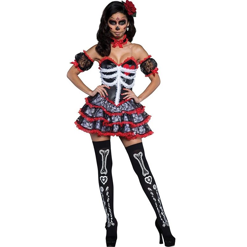Red & Black Women Make Up Skeleton Fancy Dress Adult Scary Sexy Zombie ...