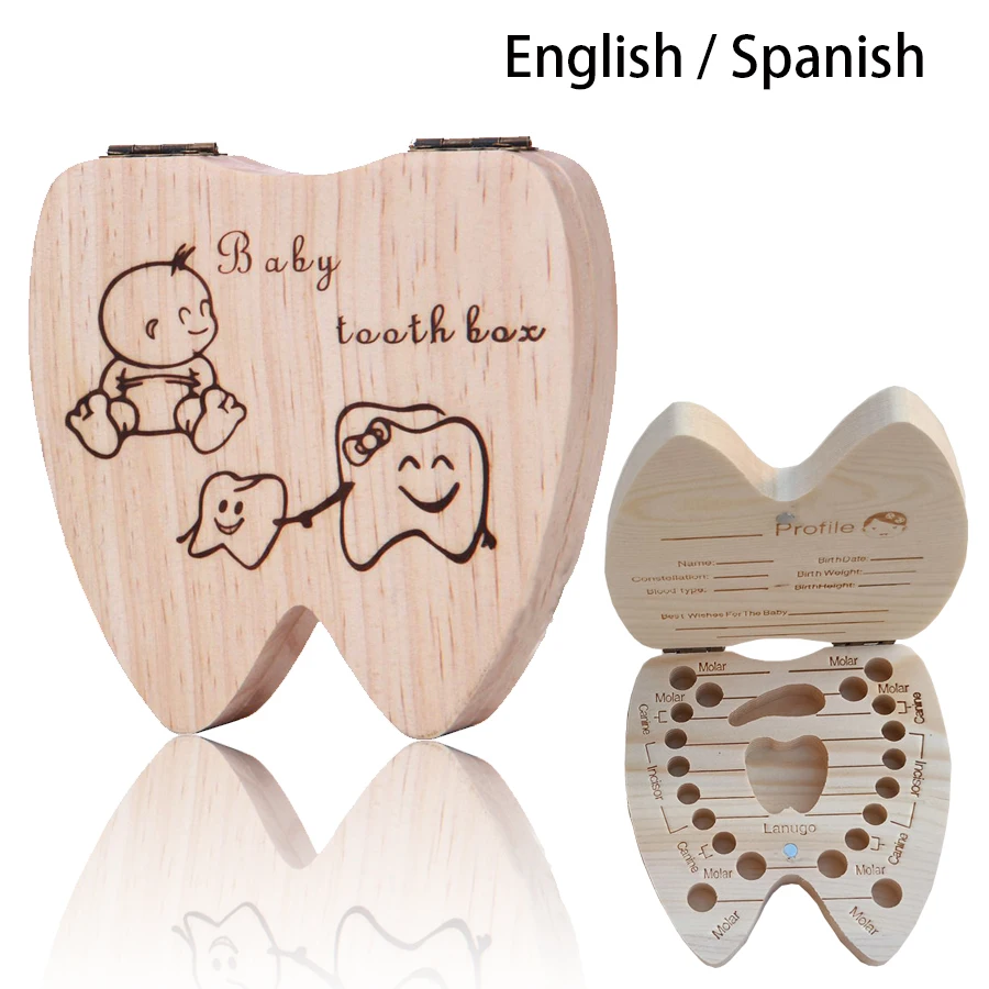 2020 New Spanish/English Baby Wood Tooth Box Umbilical Organizer Milk ...