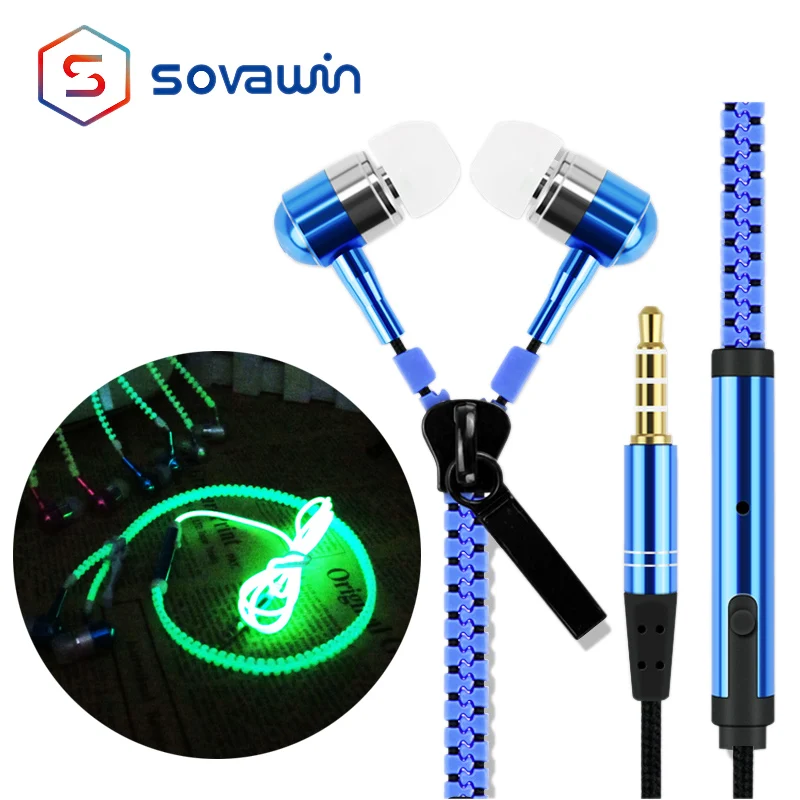 Metal Light Earphone 3.5mm Zipper Luminous Earpiece Stereo Glow in the ...