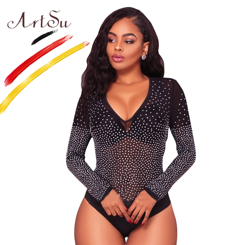 Artsu Ladies Sexy Bodysuit Luxury Diamond Club Party Bodysuits Women V Neck Long Sleeve Mesh