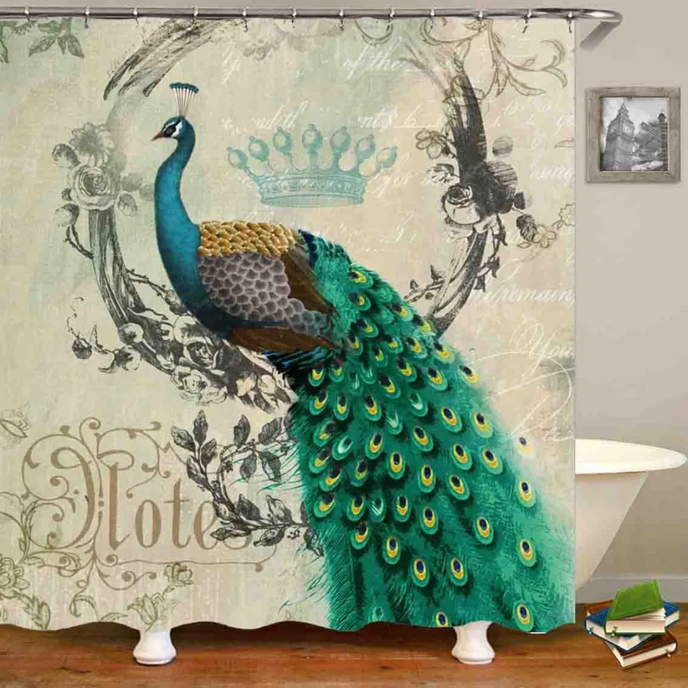 Vintage Peacock Shower Curtain Modern Beautiful Peacock Feather Waterproof Curtains Bathroom