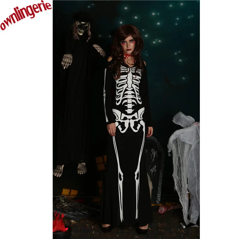 Sexy Skeleton Costume Halloween Skeleton Long Gown Uniform Printed Harror Zombie Suit Party