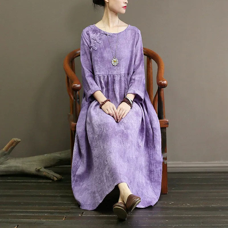 Qpfjqd Womens Retro National Wind Sand Wash Linen Dresses Autumn Spring Full Sleeve 3 Buttons O
