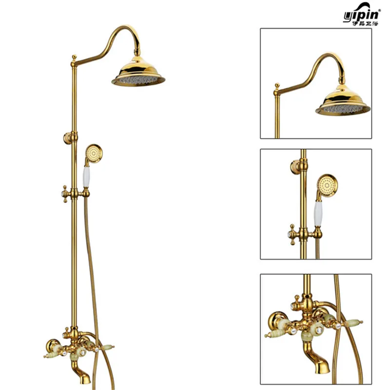Bathroom Wall Mounted Golden Finished Brass Shower Faucet Set Rainfall bath Shower Tub Mixer Tap ...