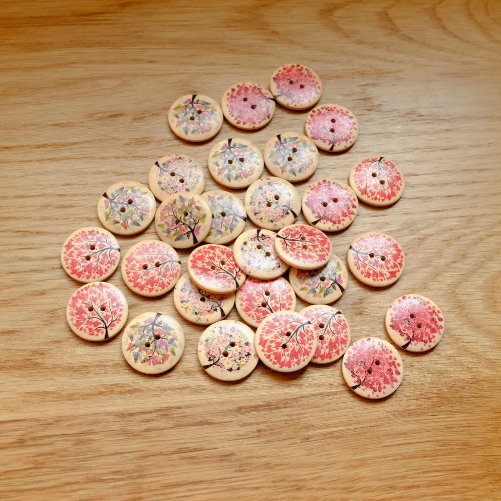 Round Natural Wood Buttons Colorful Tree Pattern Button 2 Holes Sewing ...