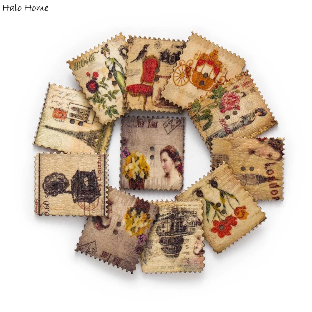 30pcs Retro Painted 2 Hole Square Stamp Wood buttons for Sewing ...