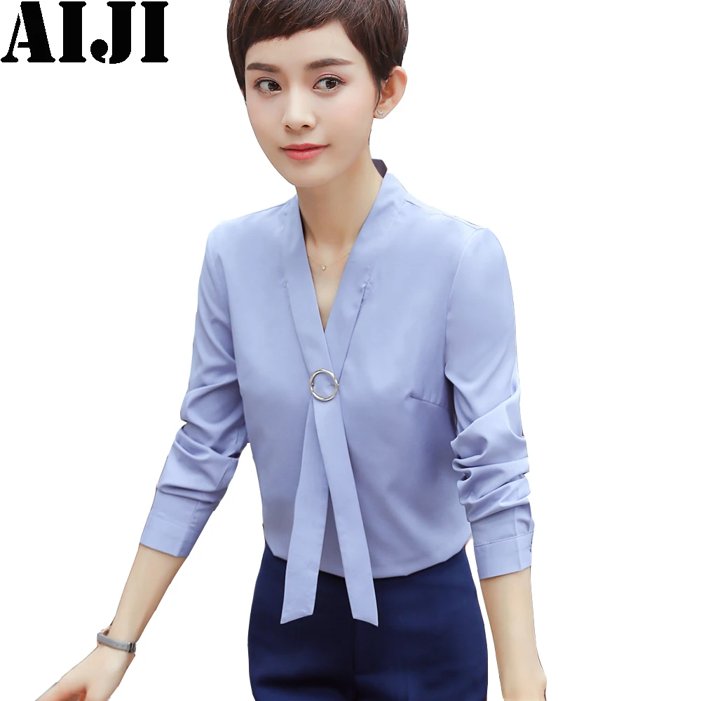 2018 Spring Autumn Blue White Formal Women Chiffon Shirt V neck Bow ...