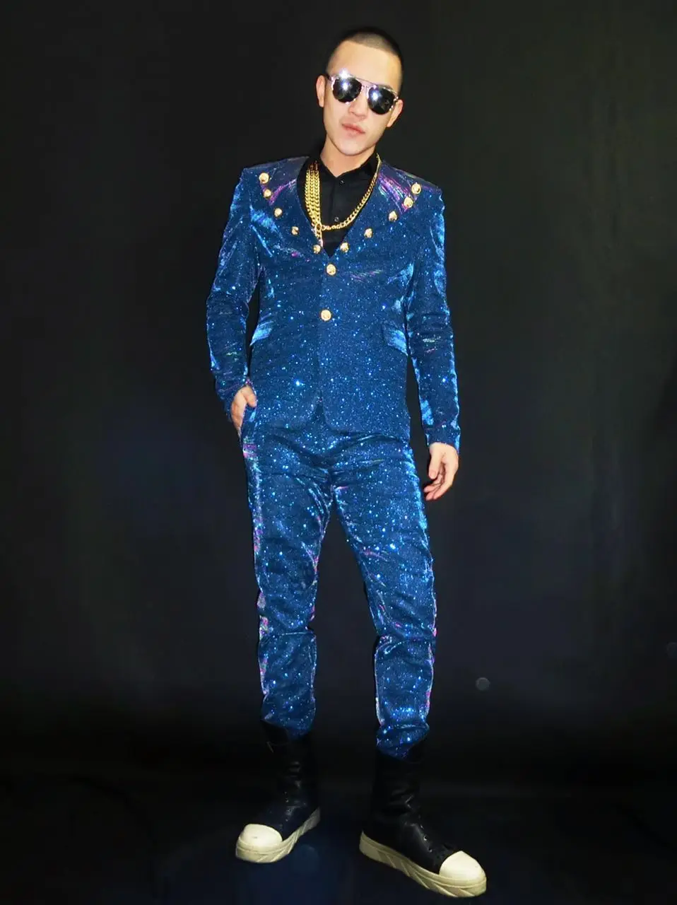 New Fashion Men's Blue Sequins Suits Costumes Nightbar Stars Male ...