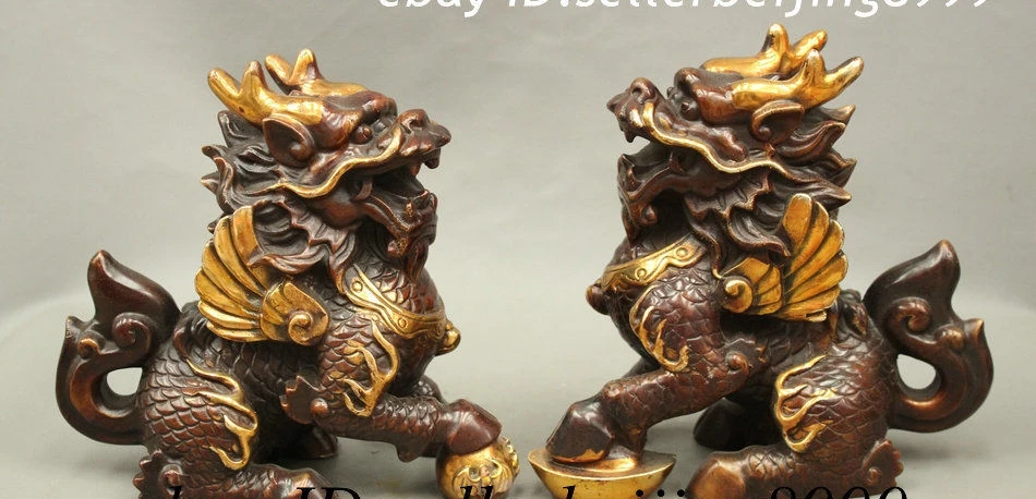 Guarda do Palácio de Feng Shui China Bronze Copper Gilt Dragão Kylin ...